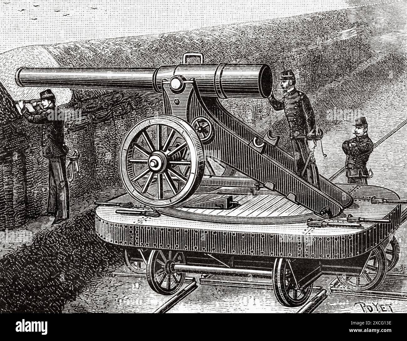 War cannon with rolling platform. Old 19th century engraved ...
