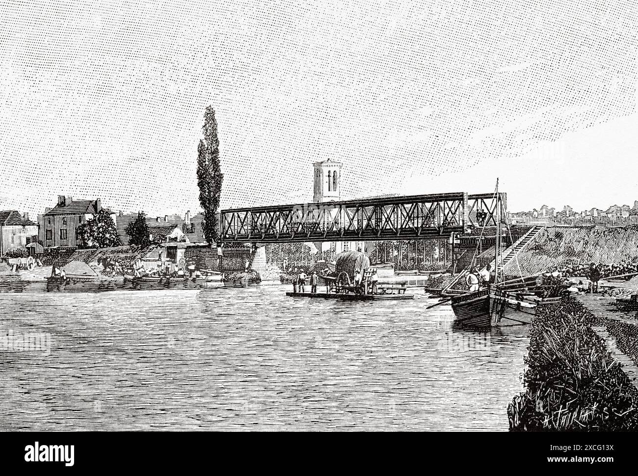 Steel metal bridge built over the Sarthe river in Morannes, Sarthe ...