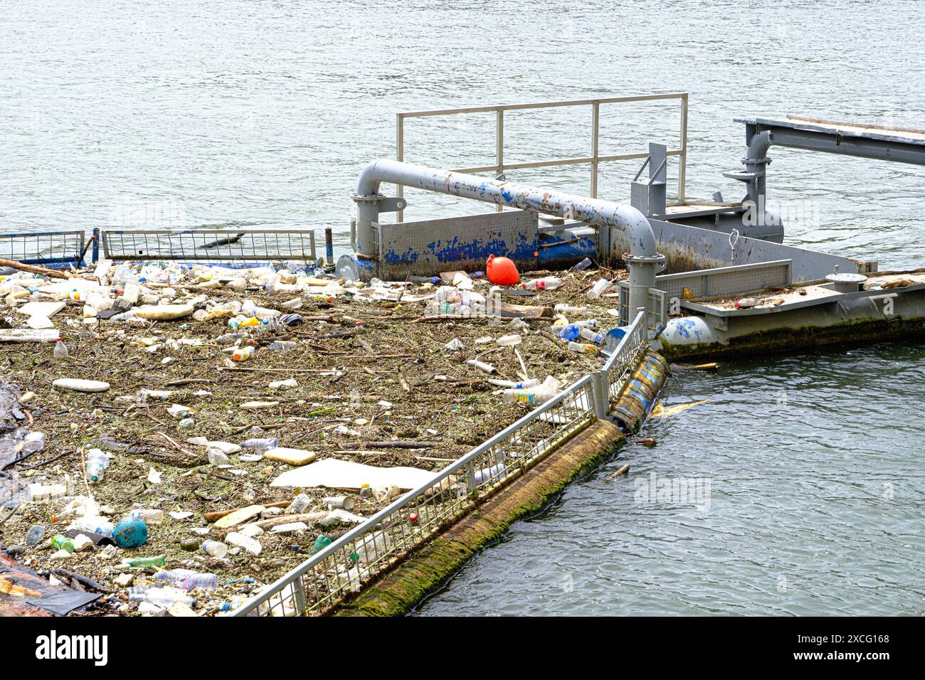 Waste collector floating on the Seine river in Paris, France on June 14 ...