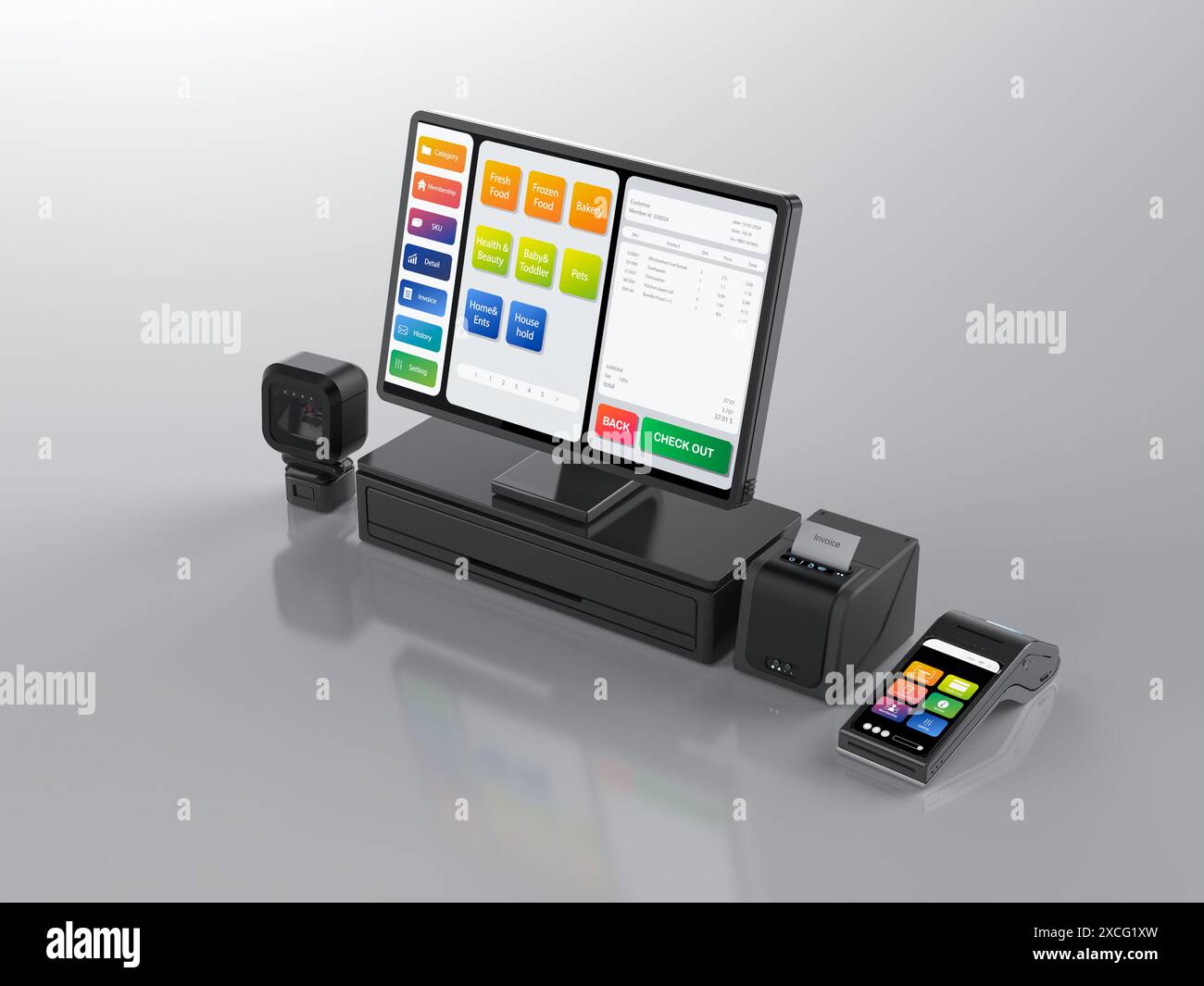 3d rendering point of sale system or cash register machine on desk ...