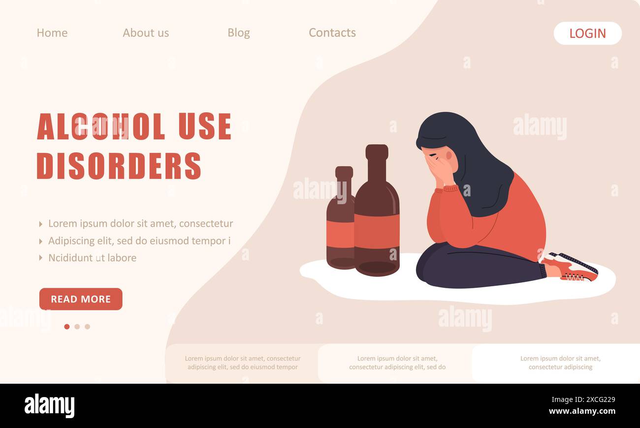 Alcohol use disorders. Landing page template. Depressed arabian woman ...