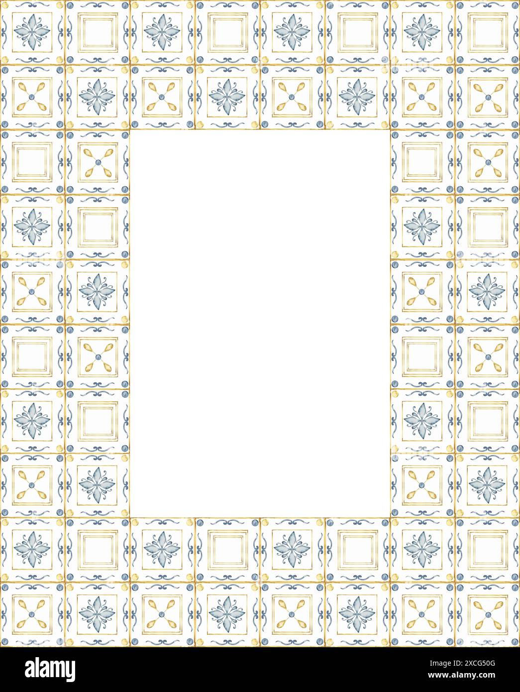 Watercolor tiles frame with blue and yellow ornament illustration ...