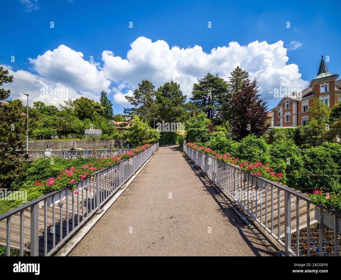 Scenic pedestrian bridge in Herrliberg-Feldmeilen, canton Zurich, with ...
