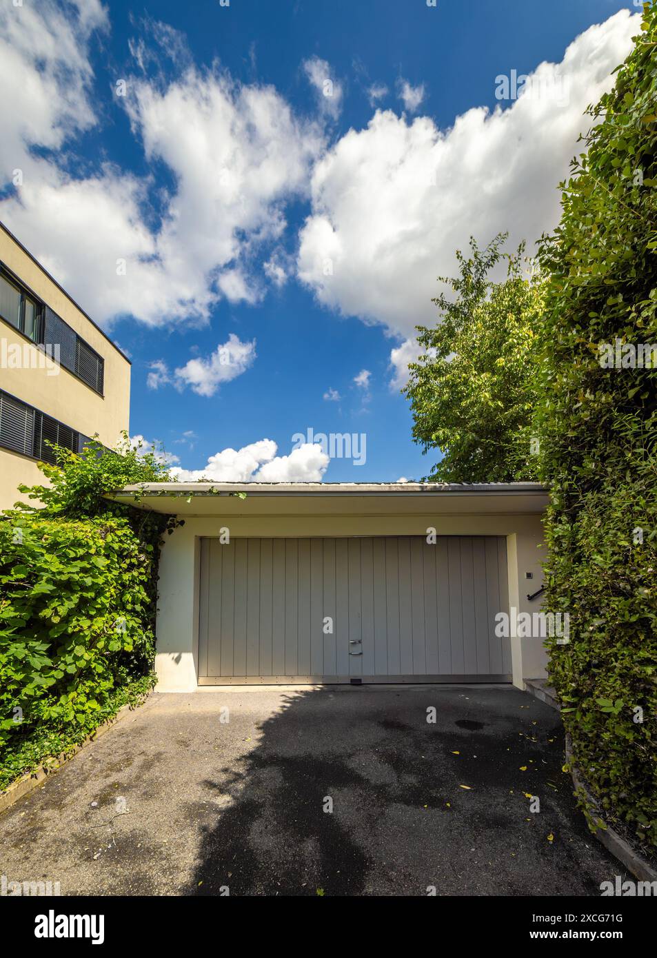 Residential garage with closed door, surrounded by greenery and modern ...