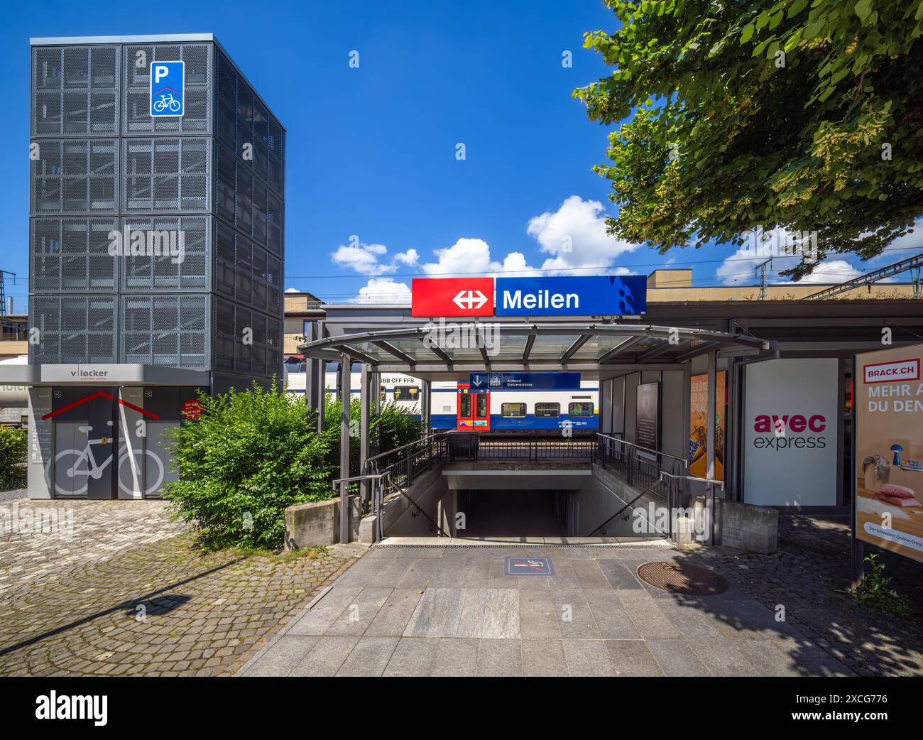 Meilen, Switzerland - June 13, 2024: Entrance to Meilen train station ...