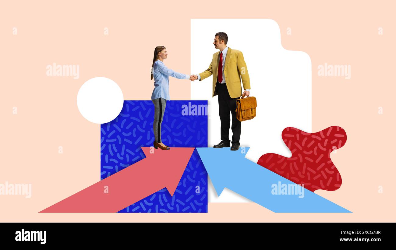 Contemporary art collage. Two professionals, one holding briefcase ...