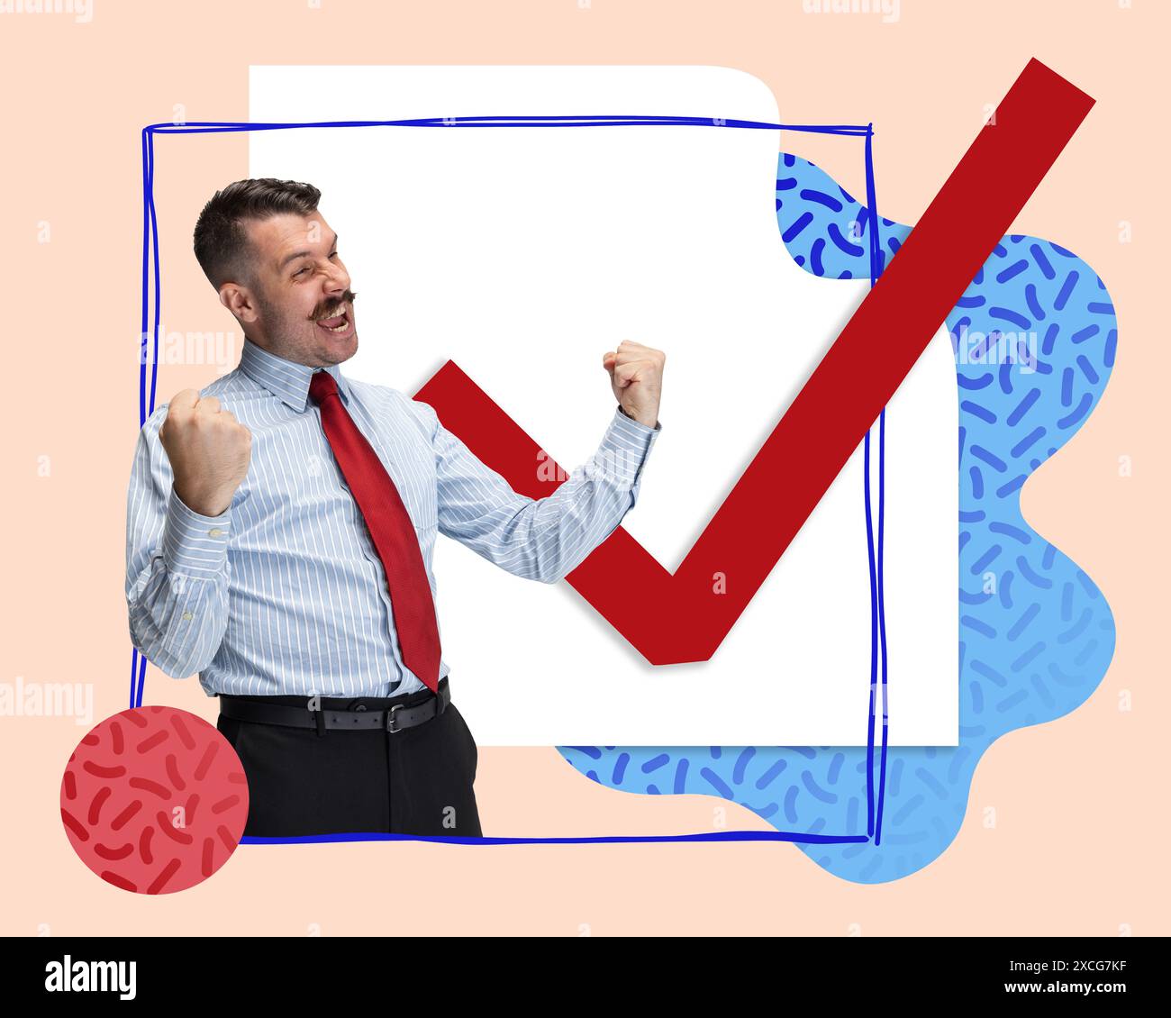 Contemporary art collage. Businessman celebrates with clenched fists ...