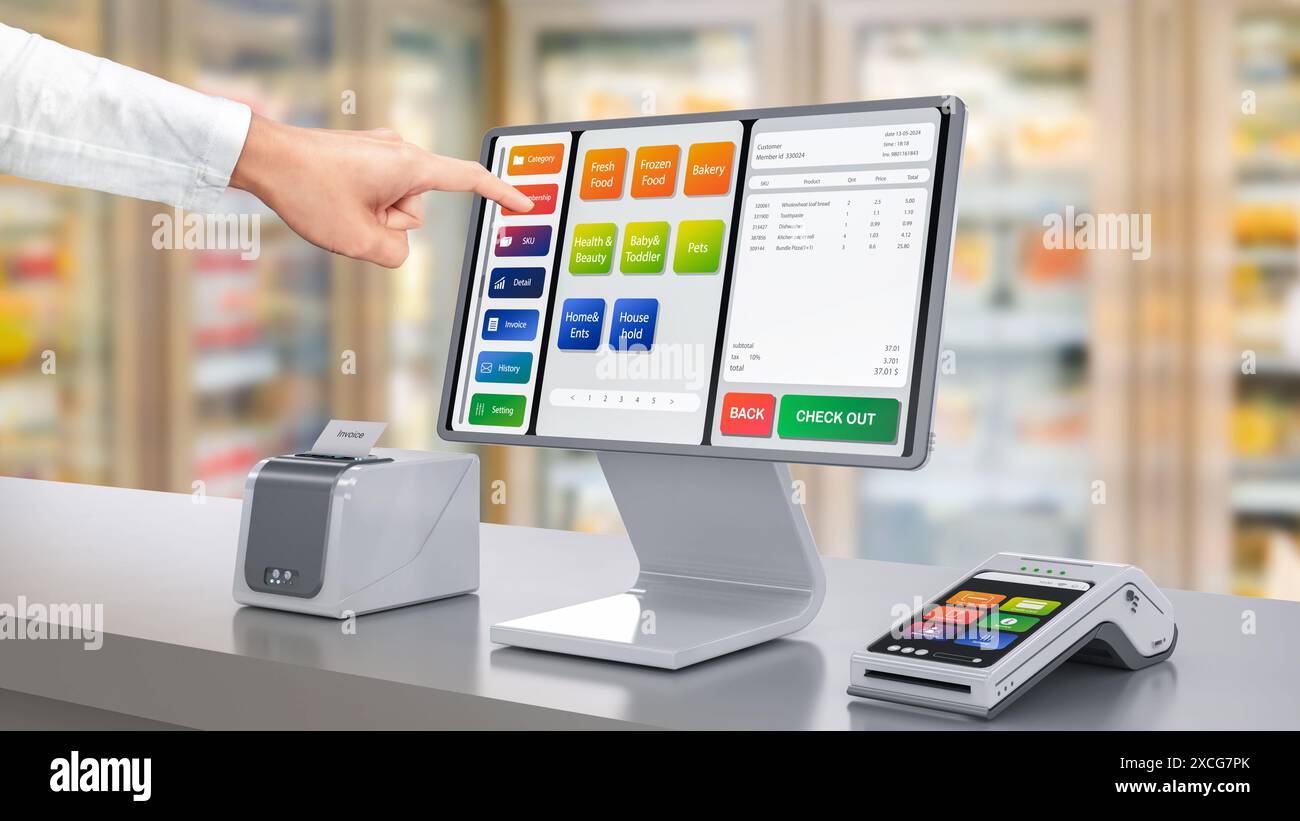 3d rendering touch screen point of sale system or cash register machine ...