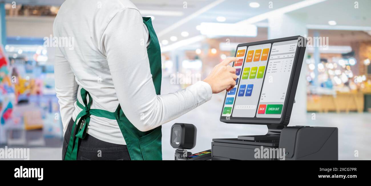 Touch screen point of sale system or cash register machine on desk with ...