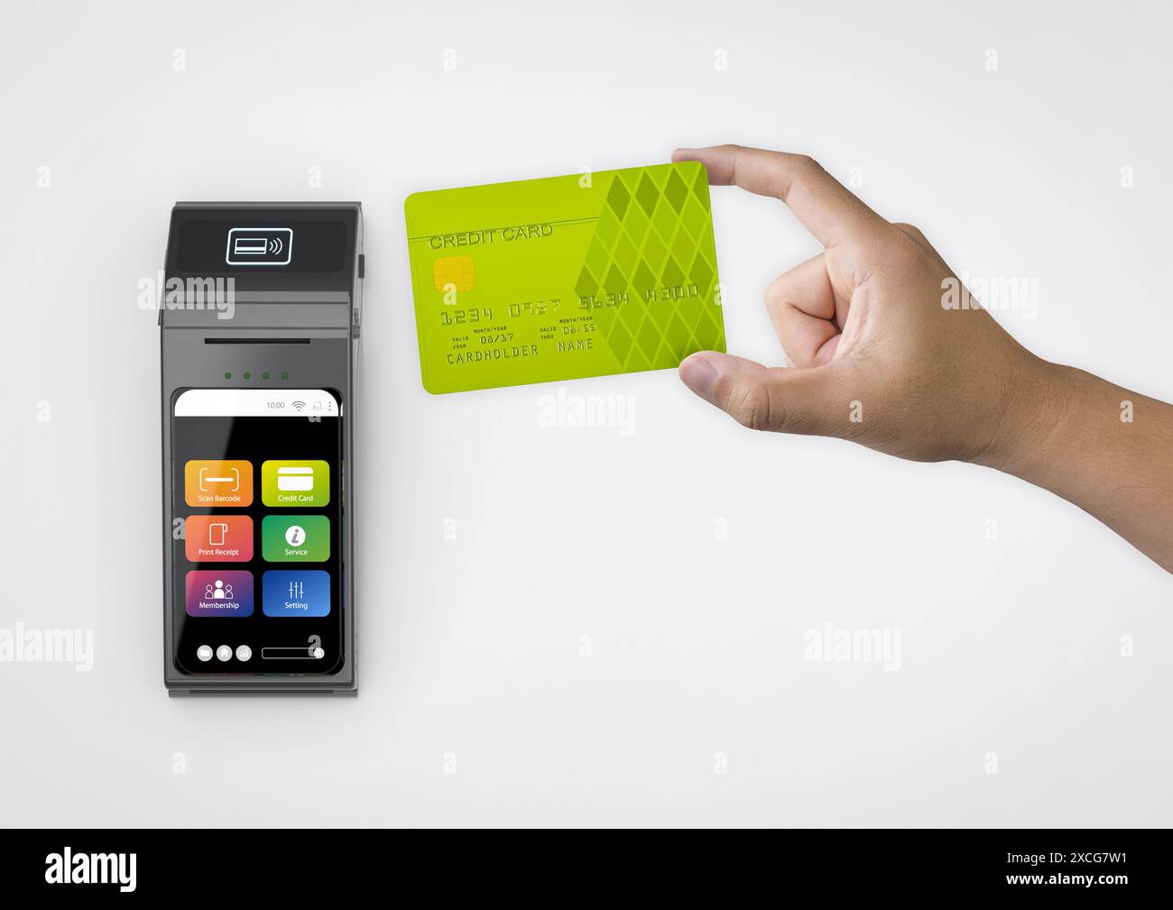 Cashless payment with 3d rendering credit card reader with hand holding ...