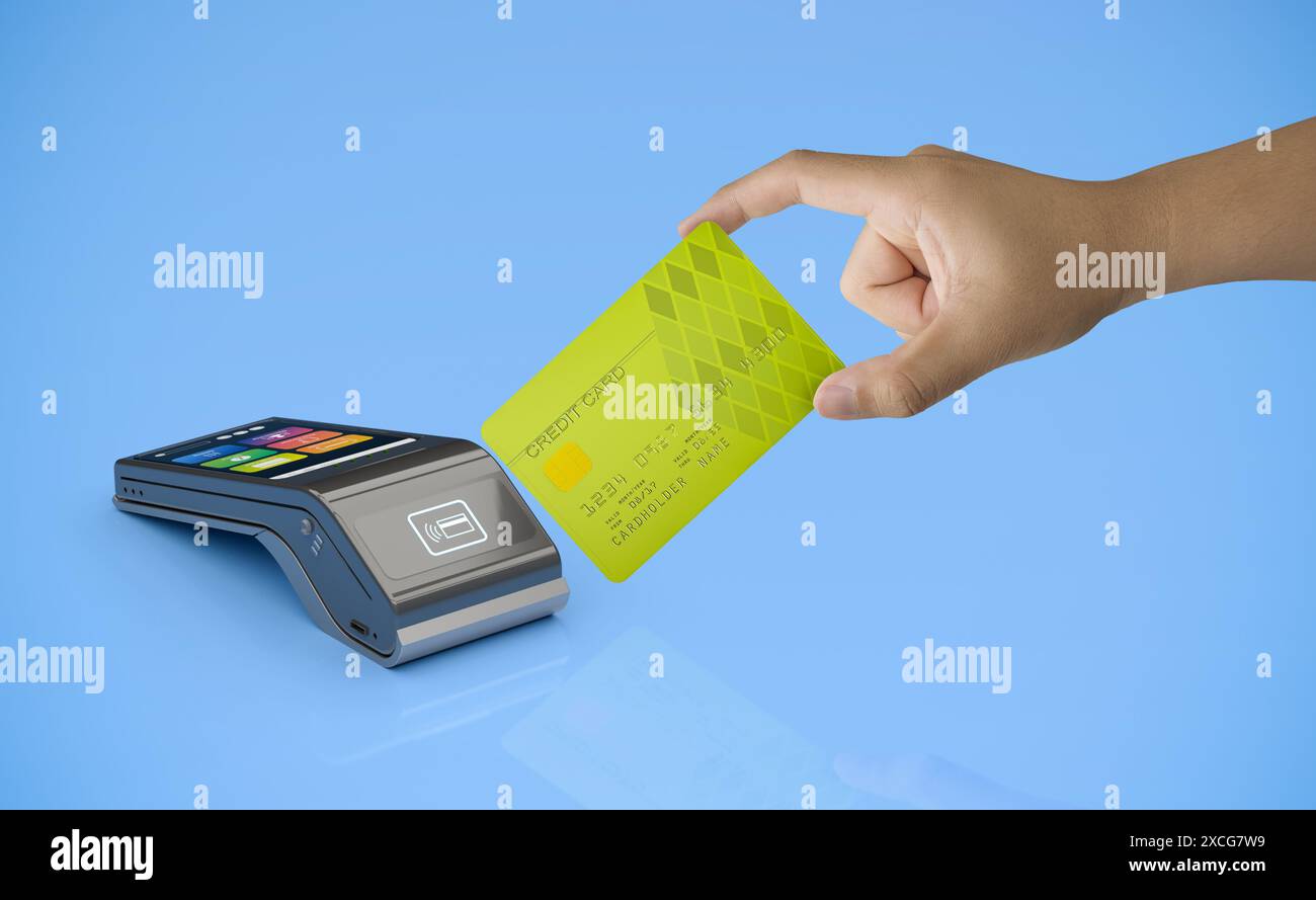 Cashless payment with 3d rendering credit card reader with hand holding ...