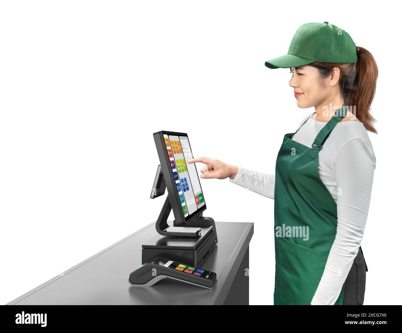 Active asian seller wear green apron and green cap smiling with point ...