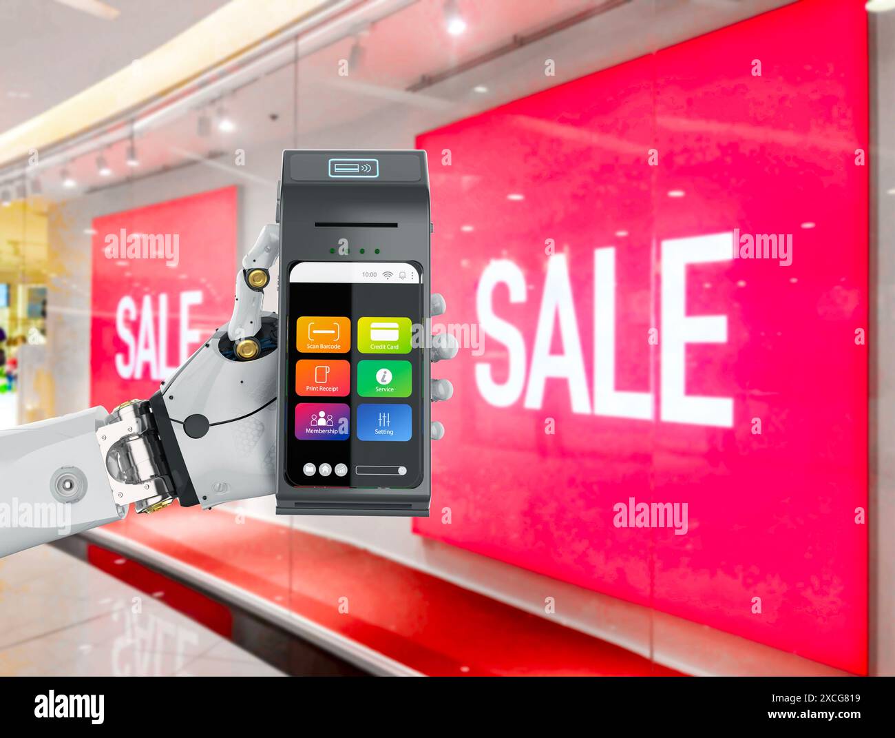 Cashless payment concept with 3d rendering robot hand holding credit ...