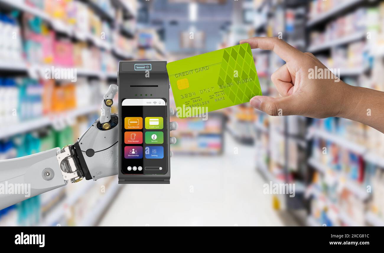 Cashless payment concept with 3d rendering robot hand holding credit ...