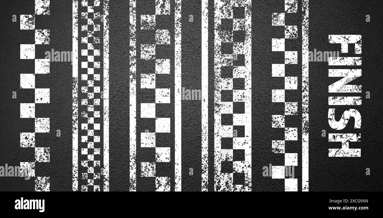 Asphalt road with white start or finish checkered line marking ...