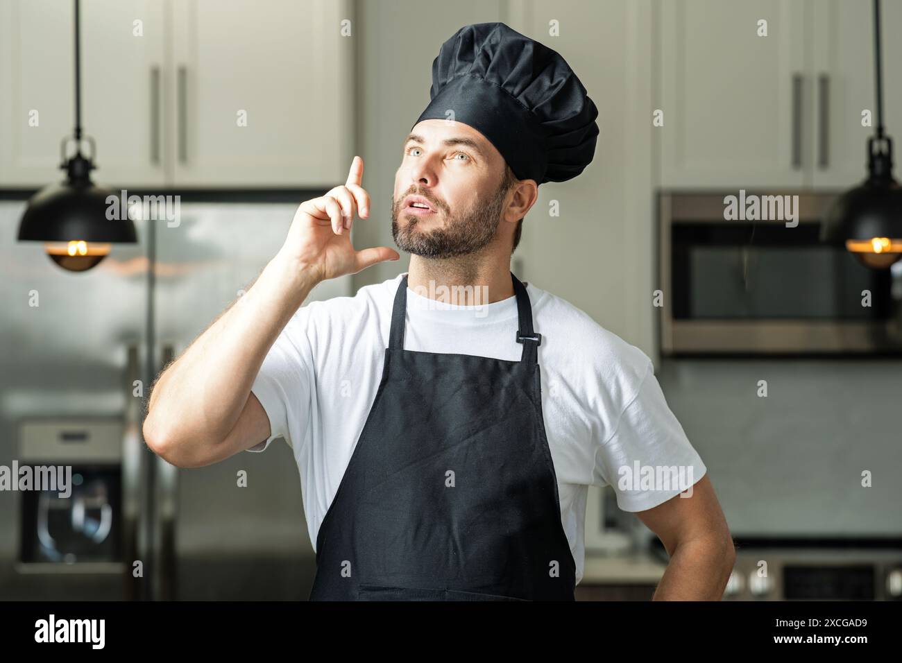 Idea for food. Man chef cooker baker. Millennial male chef in chefs ...