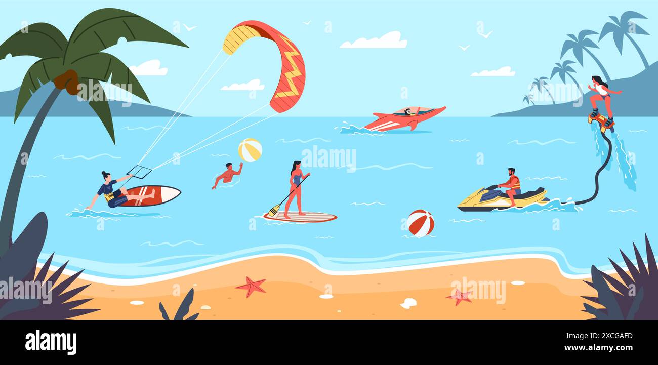 Sea swimming activities. Extreme beach activity, summer holidays, happy ...