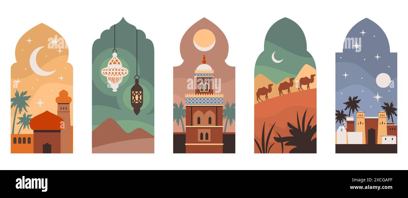 Oriental arch windows. Ramadan kareem, islamic style frames with desert ...
