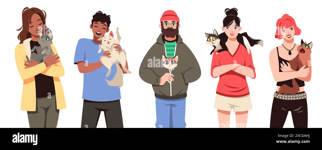 Happy owners with cats. Funny pets with people, guys and girls holding ...