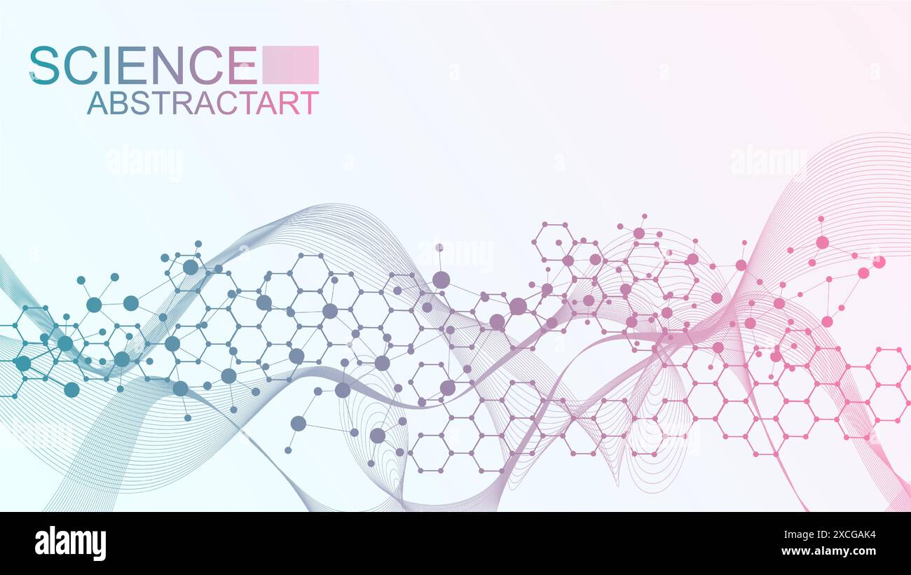 Modern scientific background with hexagons, lines and dots. Wave flow ...