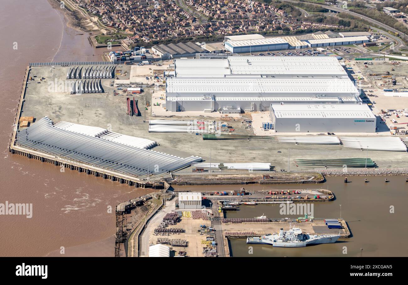 Aerial photo of Siemens Wind Turbine factory on the banks of the River ...