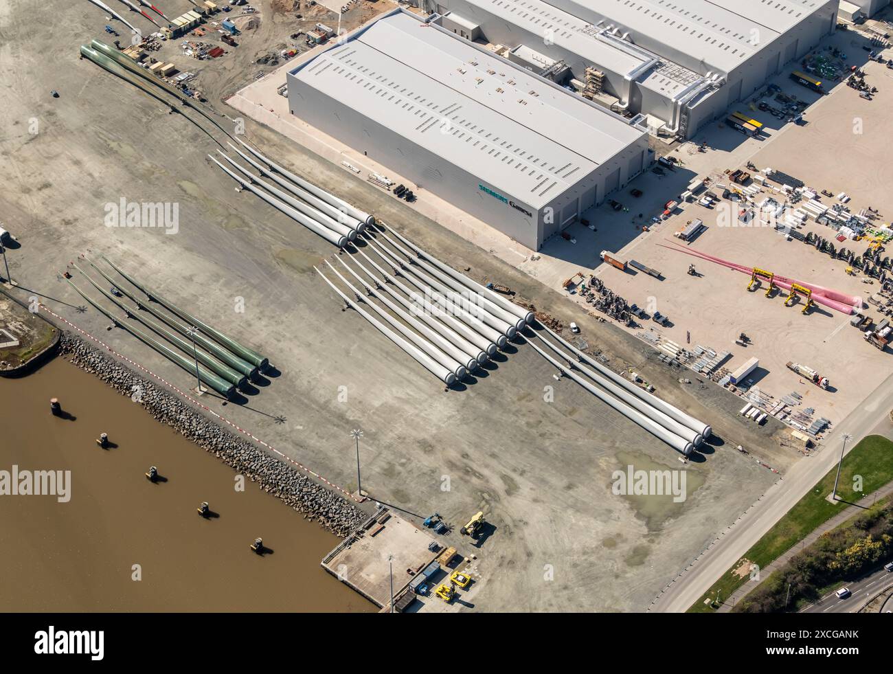 Aerial photo of Siemens Wind Turbine factory on the banks of the River ...