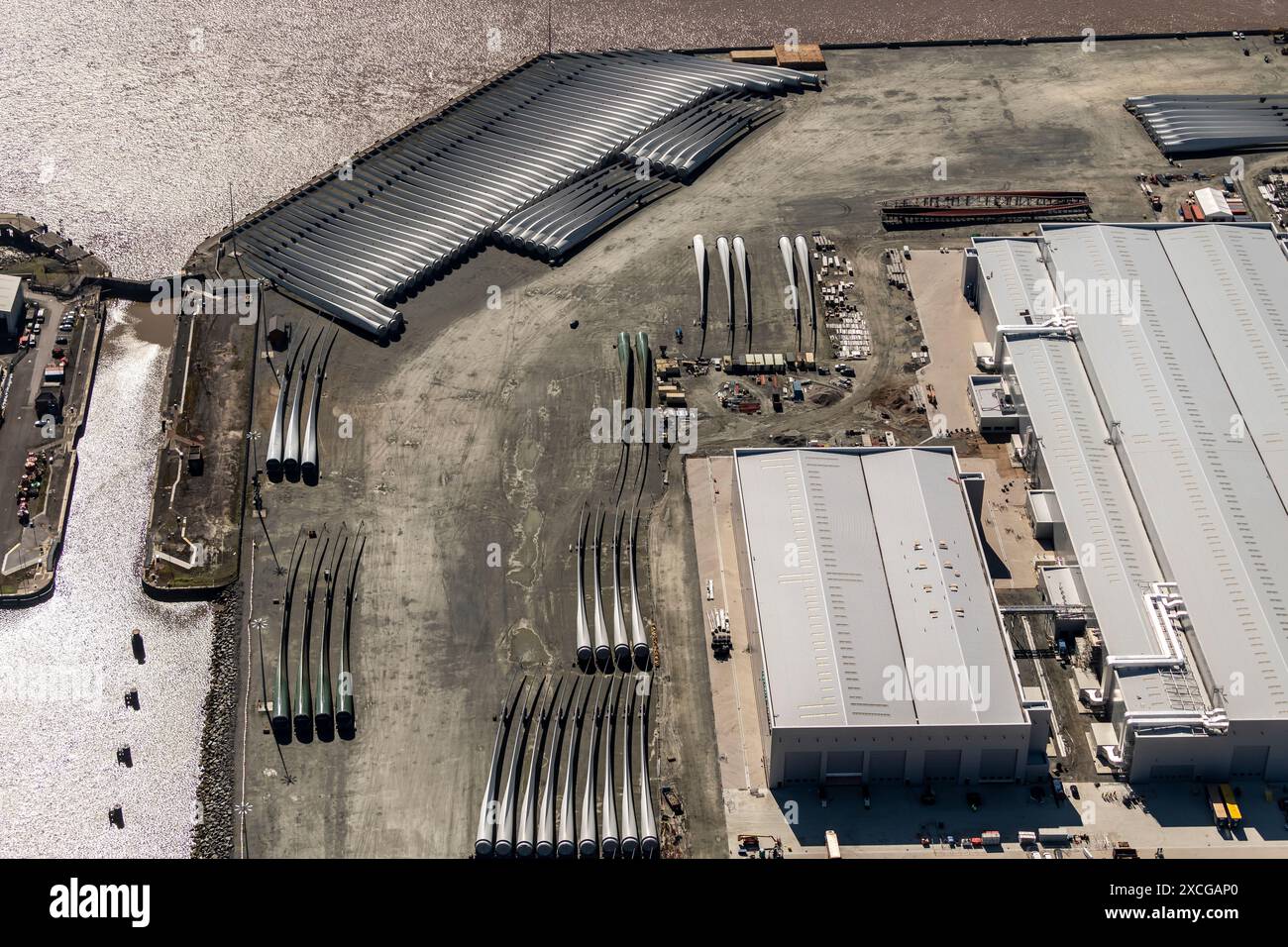 Aerial photo of Siemens Wind Turbine factory on the banks of the River ...