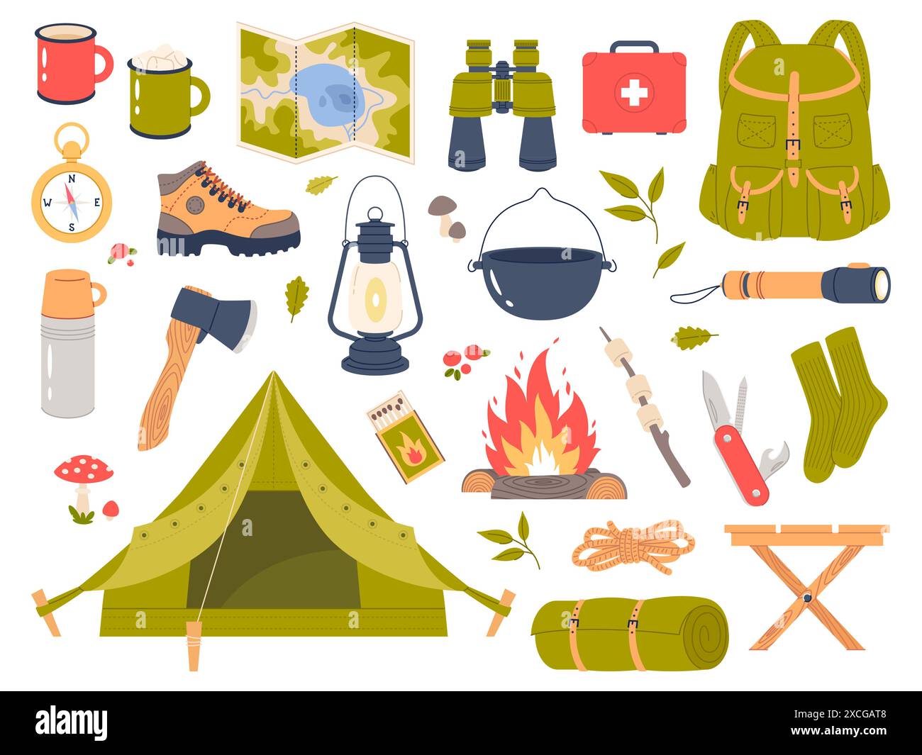 Cartoon camping elements. Summer hiking items, picnic and recreation ...