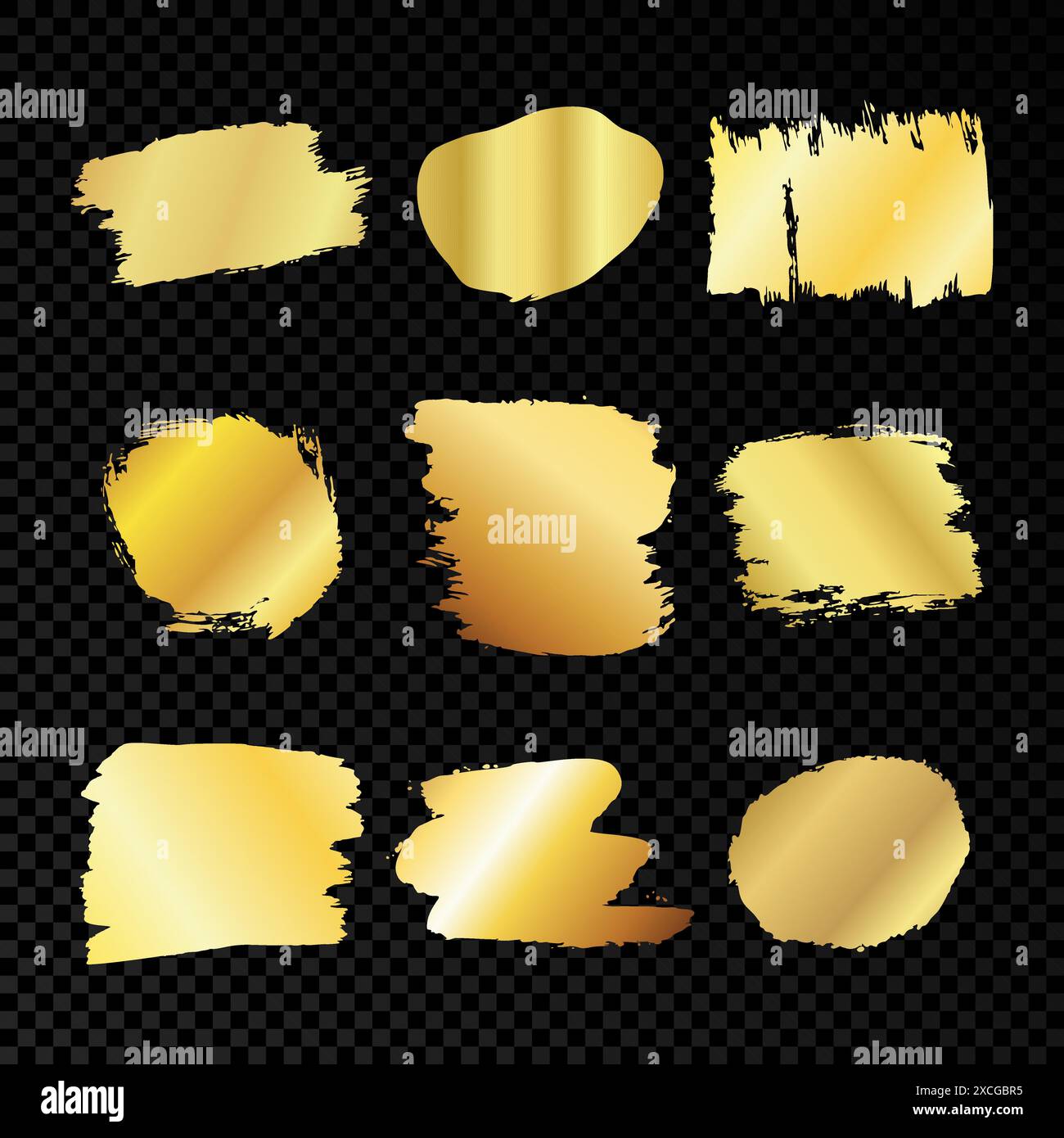 Gold smears on dark transparent background. Set of nine paint brush ...