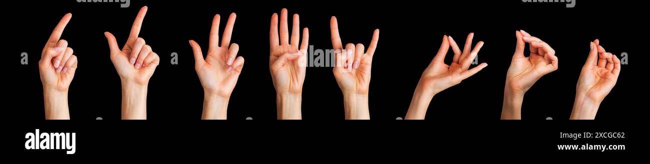 Set of woman hands showing different gestures, pointing and showing ...