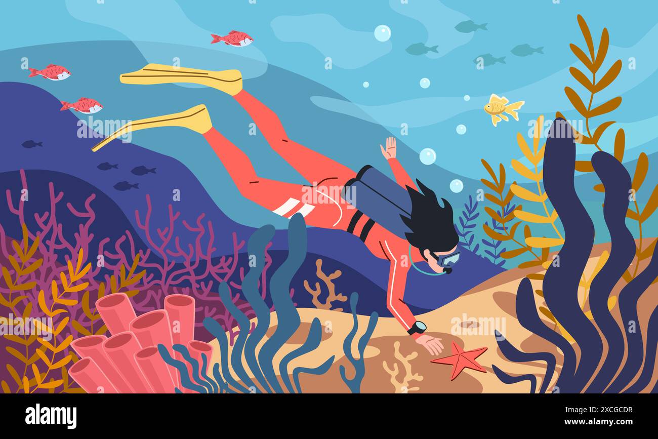 Diving under water. Girl in wetsuit dives, female scuba diver explores ...