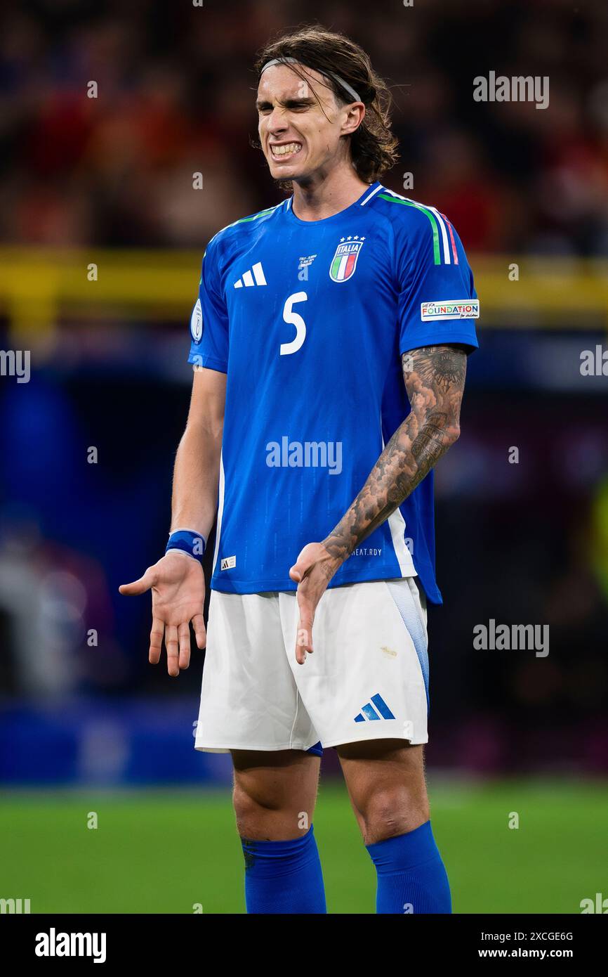Dortmund, Germany. 15 June 2024. Riccardo Calafiori of Italy reacts ...