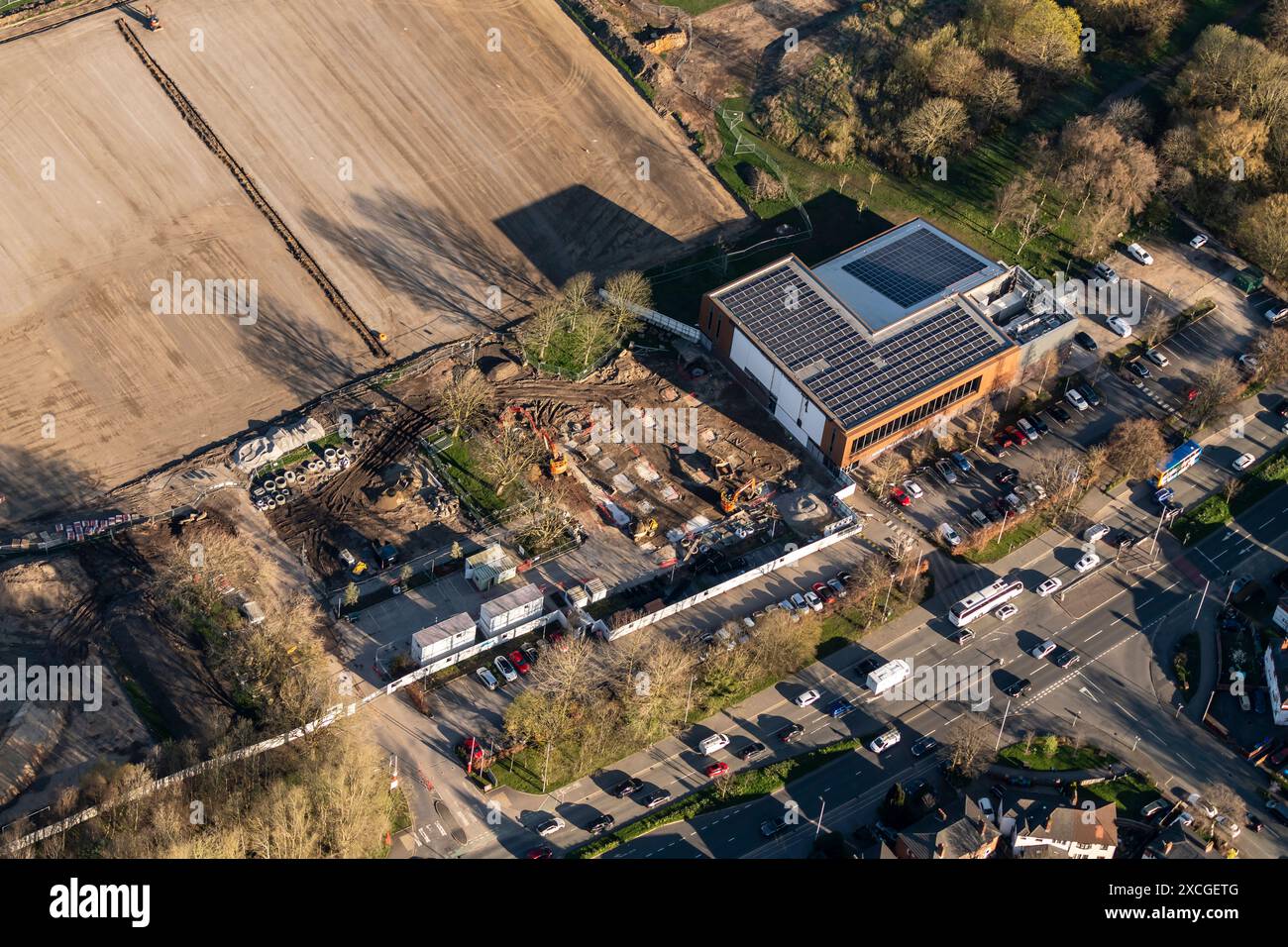 Aerial photo of Hough End Leisure Centre showing groundworks for new ...
