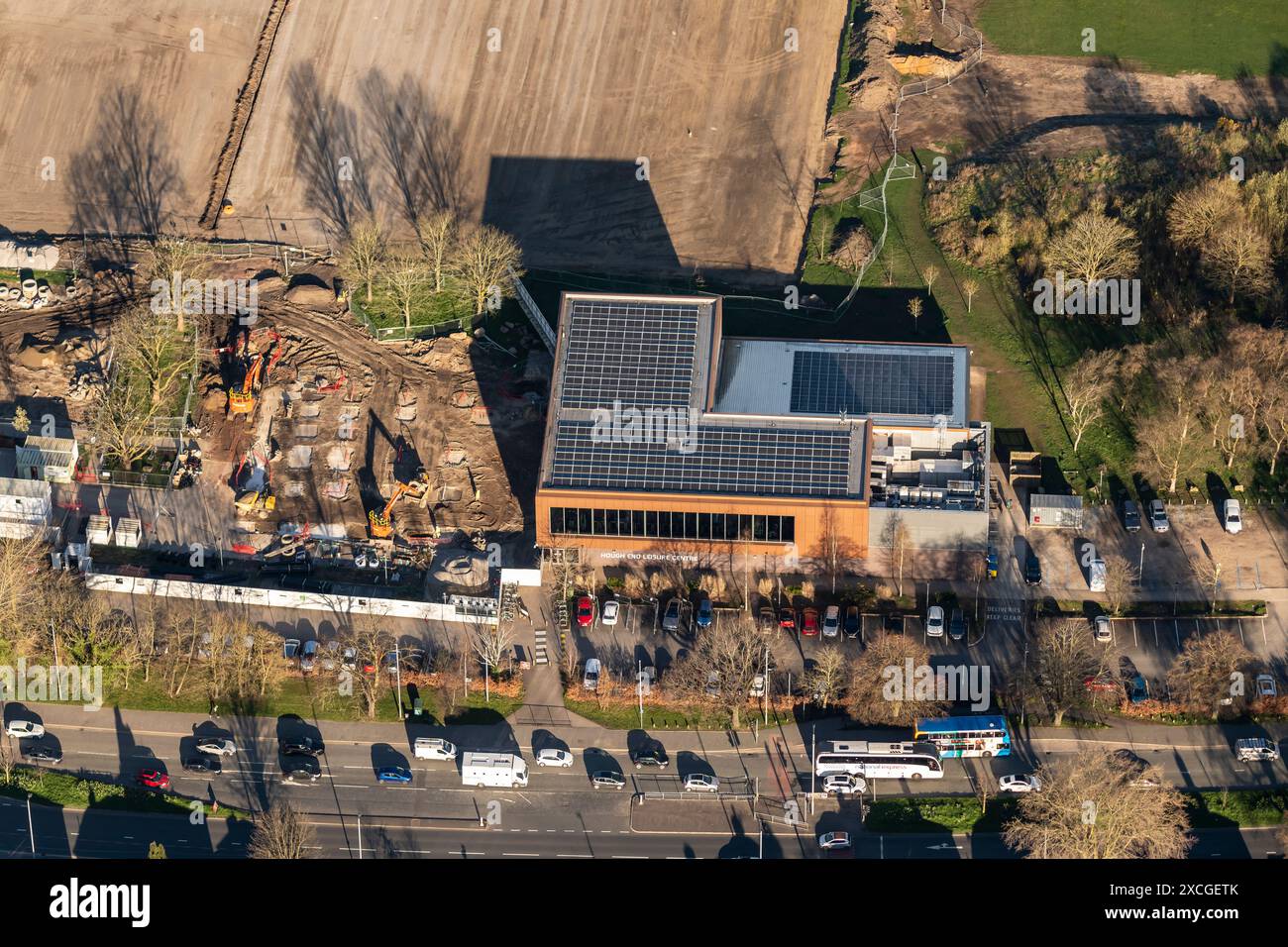 Aerial photo of Hough End Leisure Centre showing groundworks for new ...