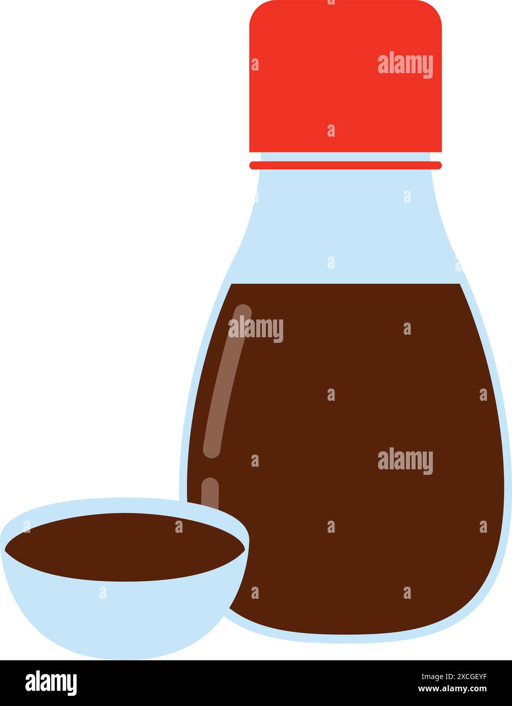 Soy sauce in a bottle and bowl. Traditional asian salty sauce. Vector illustration in flat ...