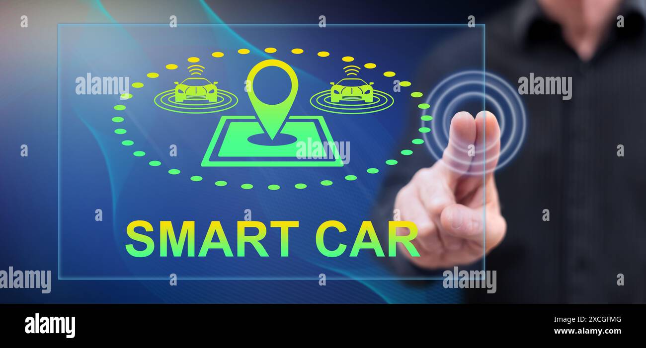 Man touching a smart car concept on a touch screen with his fingers ...