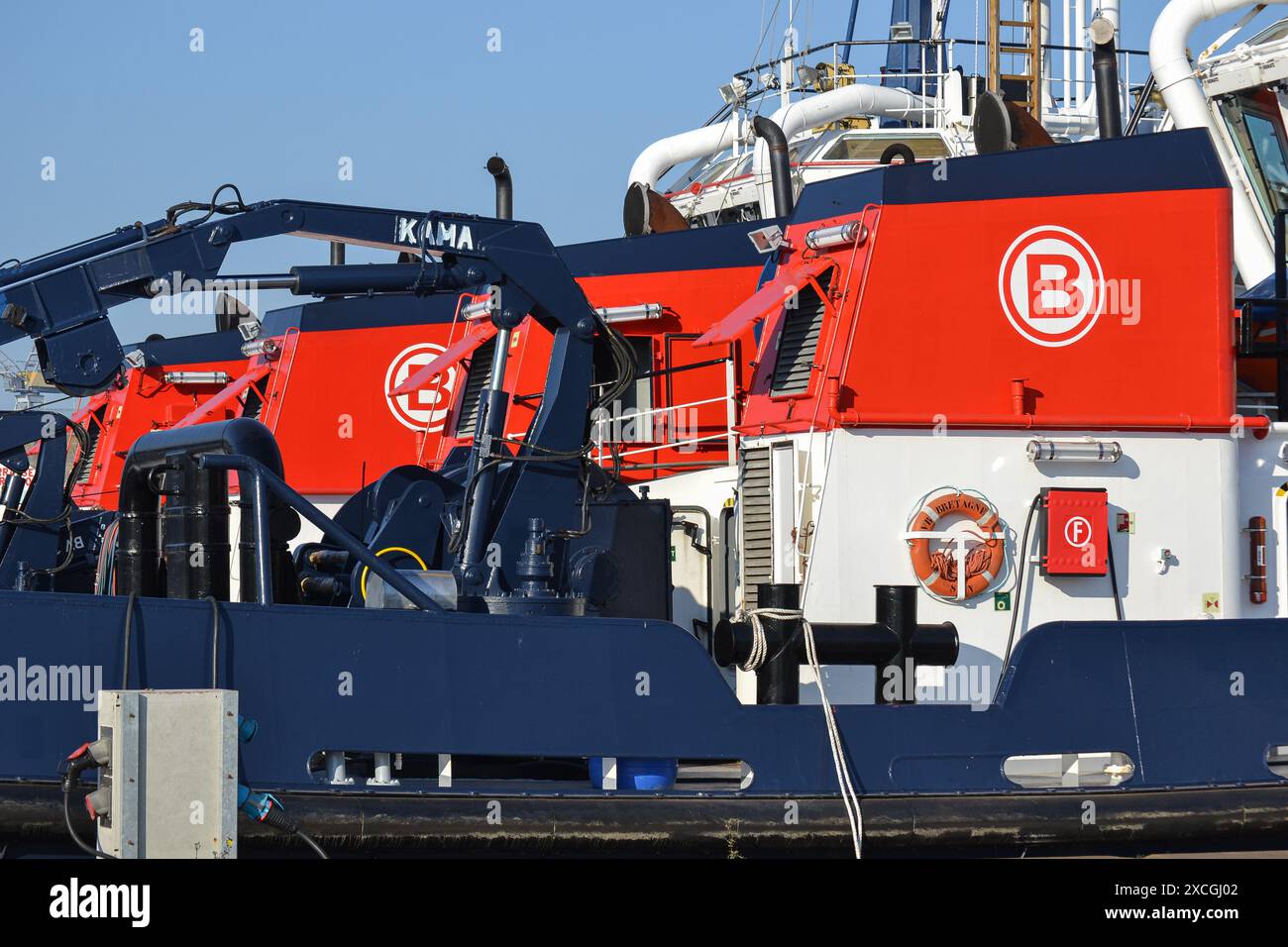 Tug BV Bretagne & 2 towage Co Boluda tugs moored, St Nazaire shipyard ...