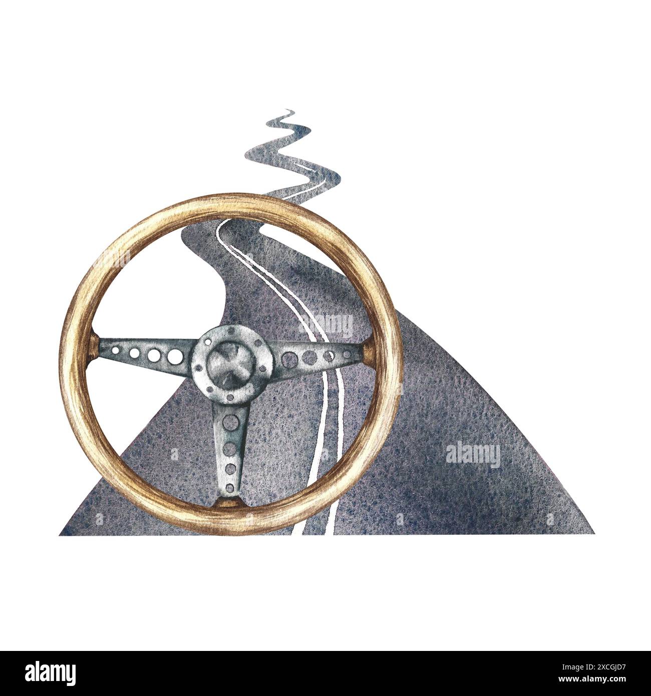 Paved road and steering wheel. The illustration is done in watercolor ...