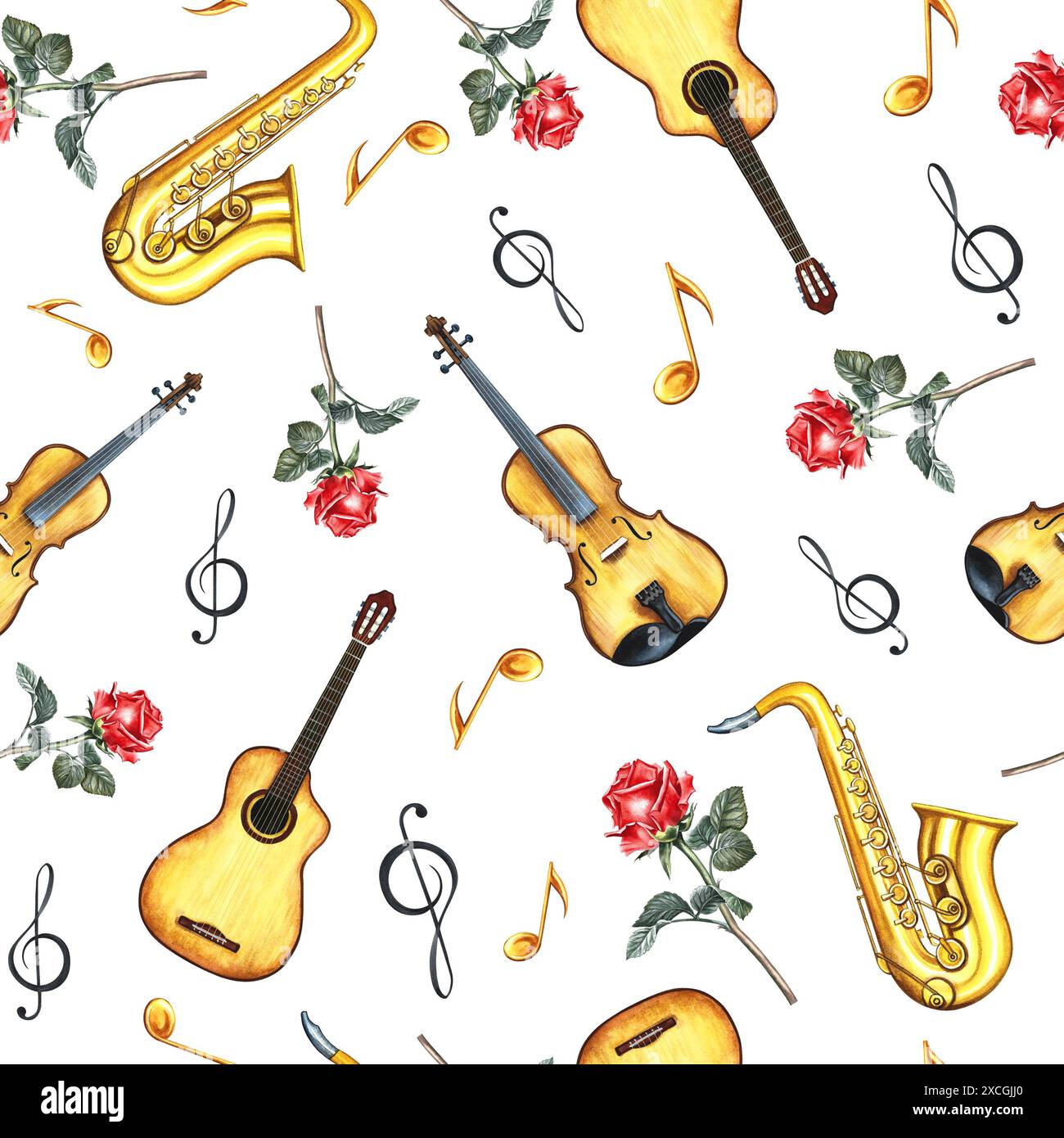 Musical seamless pattern with musical instruments, guitars, violins and ...