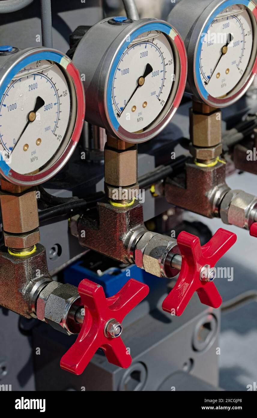 Generic hydraulic system controls, manometers and valves. Close up shot ...