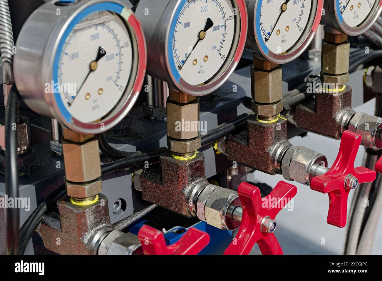 Generic hydraulic system controls, manometers and valves. Close up shot ...