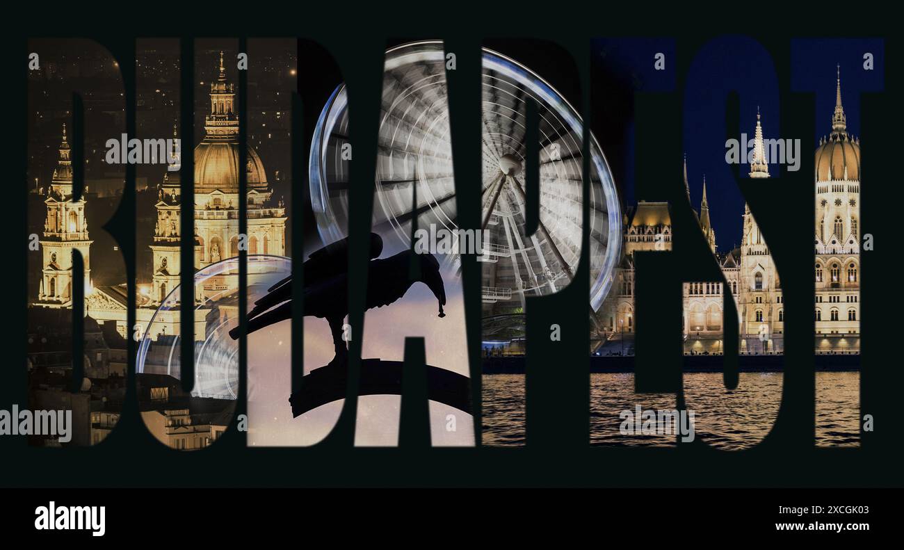 Huge word Budapest with Sightseeings Stock Photo - Alamy