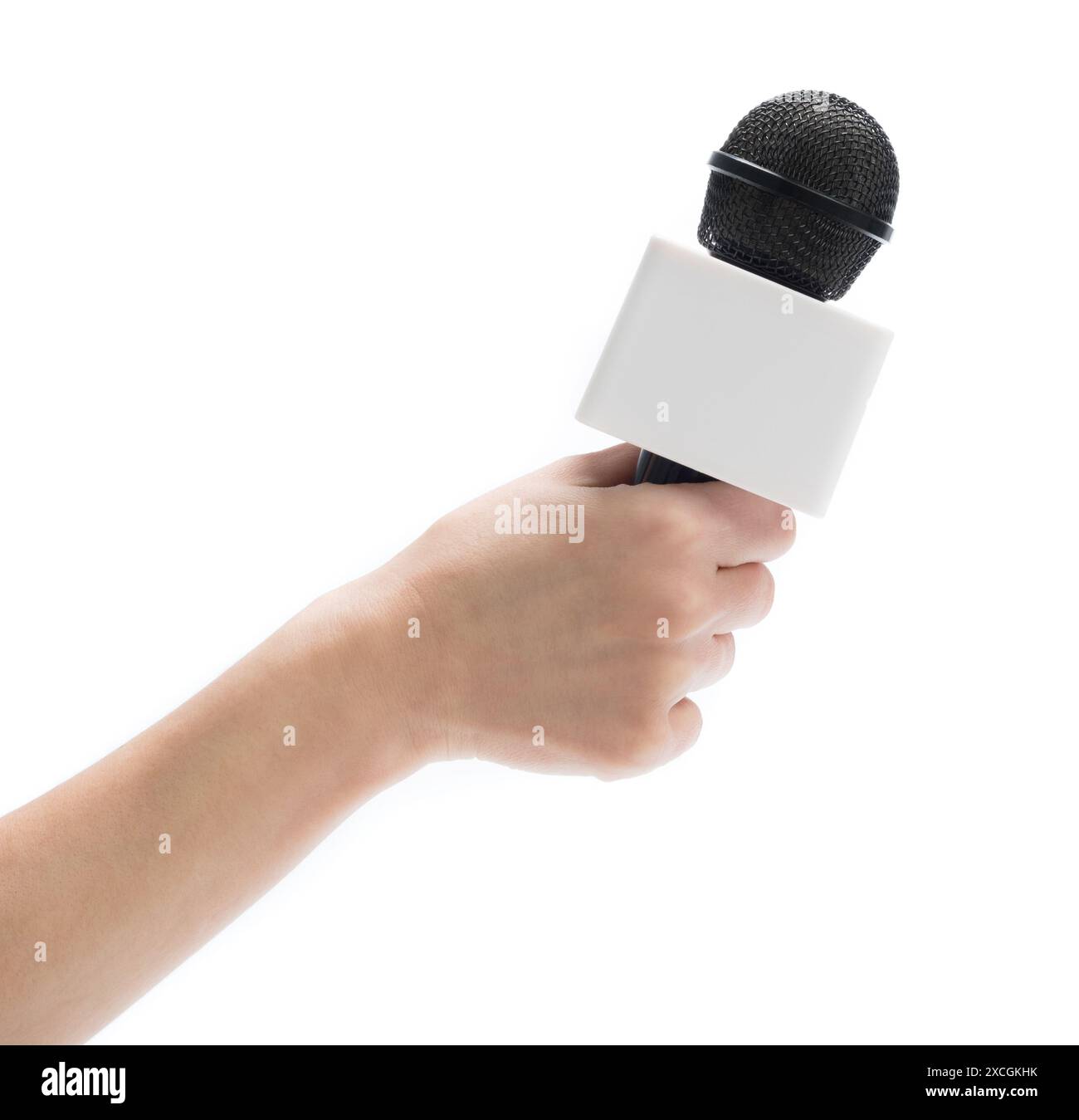 Hand holding microphone for interview with copyspace, isolated on white ...