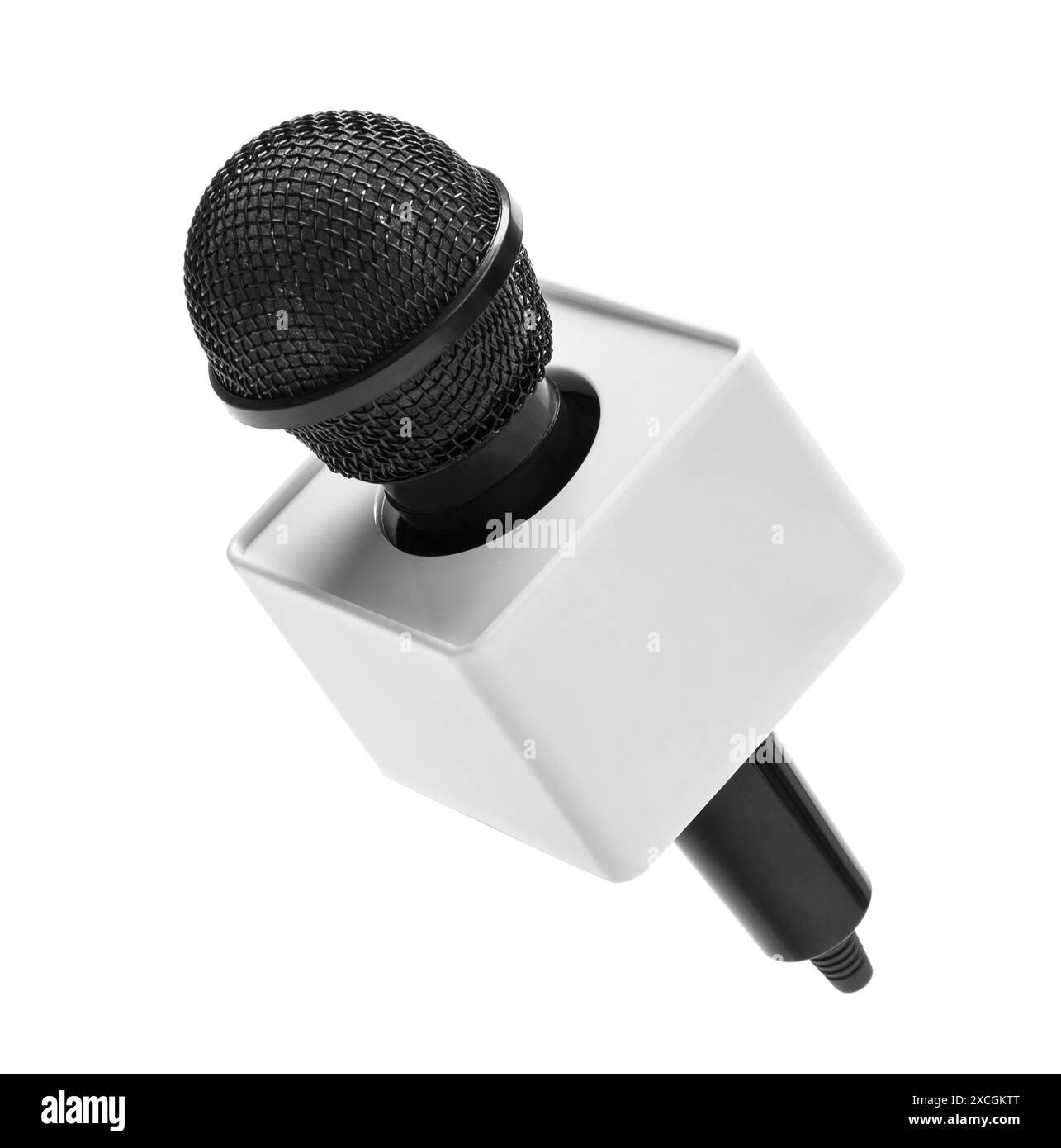 Close-up of black wireless microphone isolated on white background ...