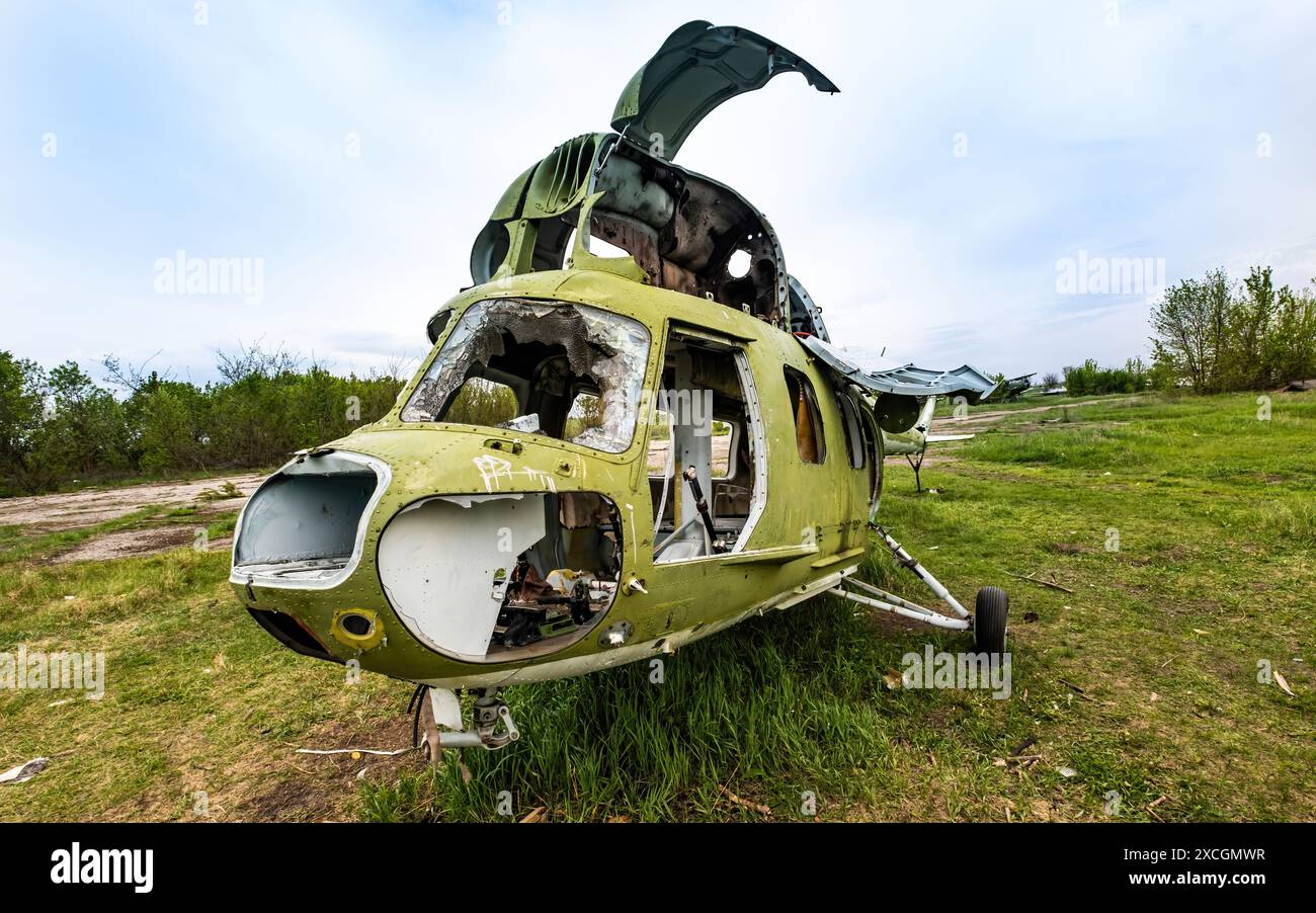 Abandoned soviet union helicopter with camouflage color cabin at the ...