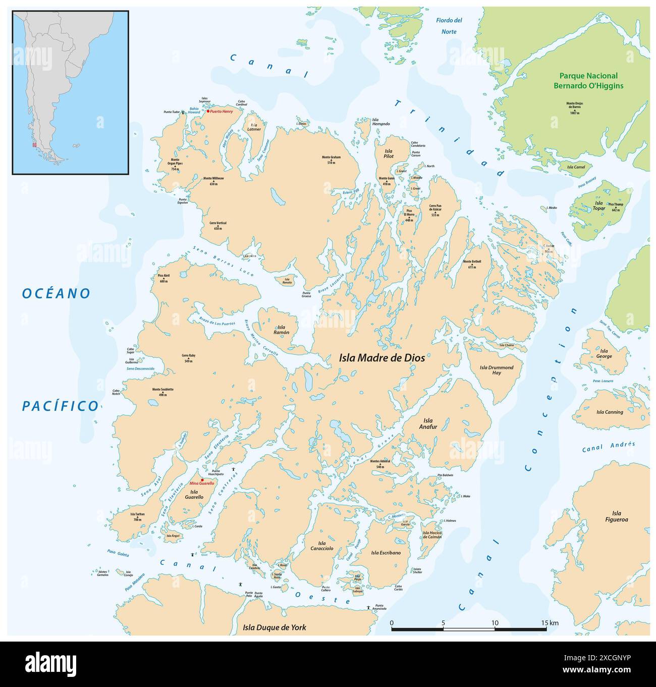 Detailed vector map of Madre de Dios Island, Magallanes Region, Chile ...