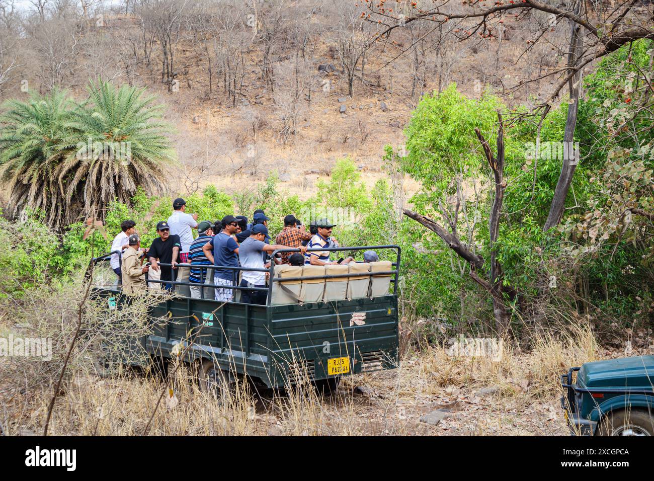 Visitors wait for a sighting from a 20 seater canter safari vehicle ...