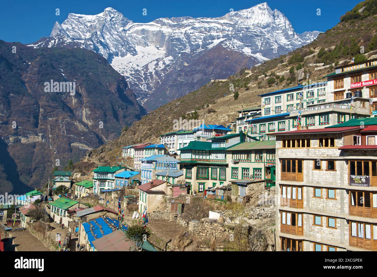 The village of Namche Bazaar and Khunde and the Khunde Ridge Stock ...
