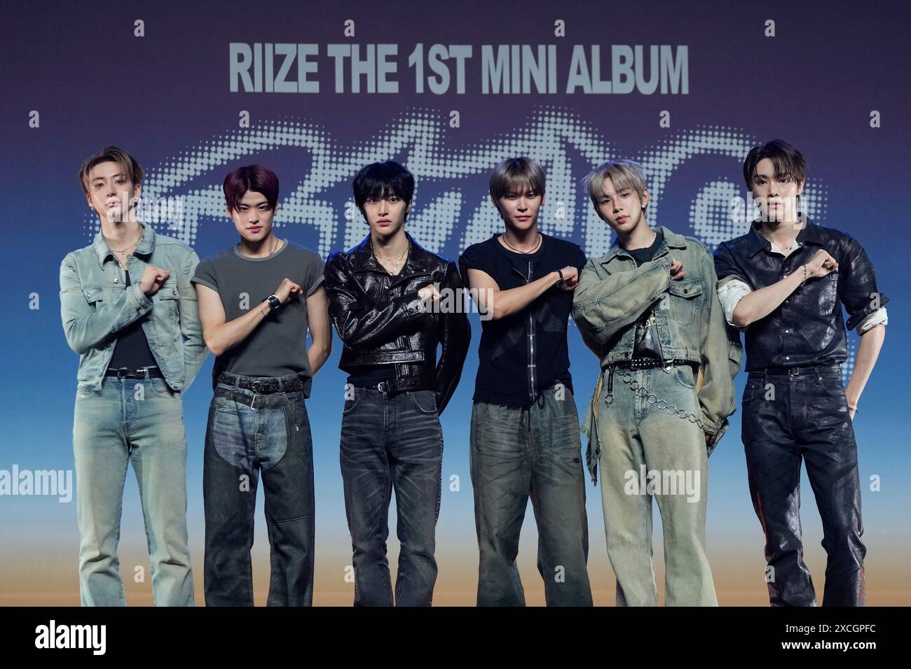 K-Pop group RIIZE poses for photos during a showcase for its first mini album, "RIIZING," at a ...
