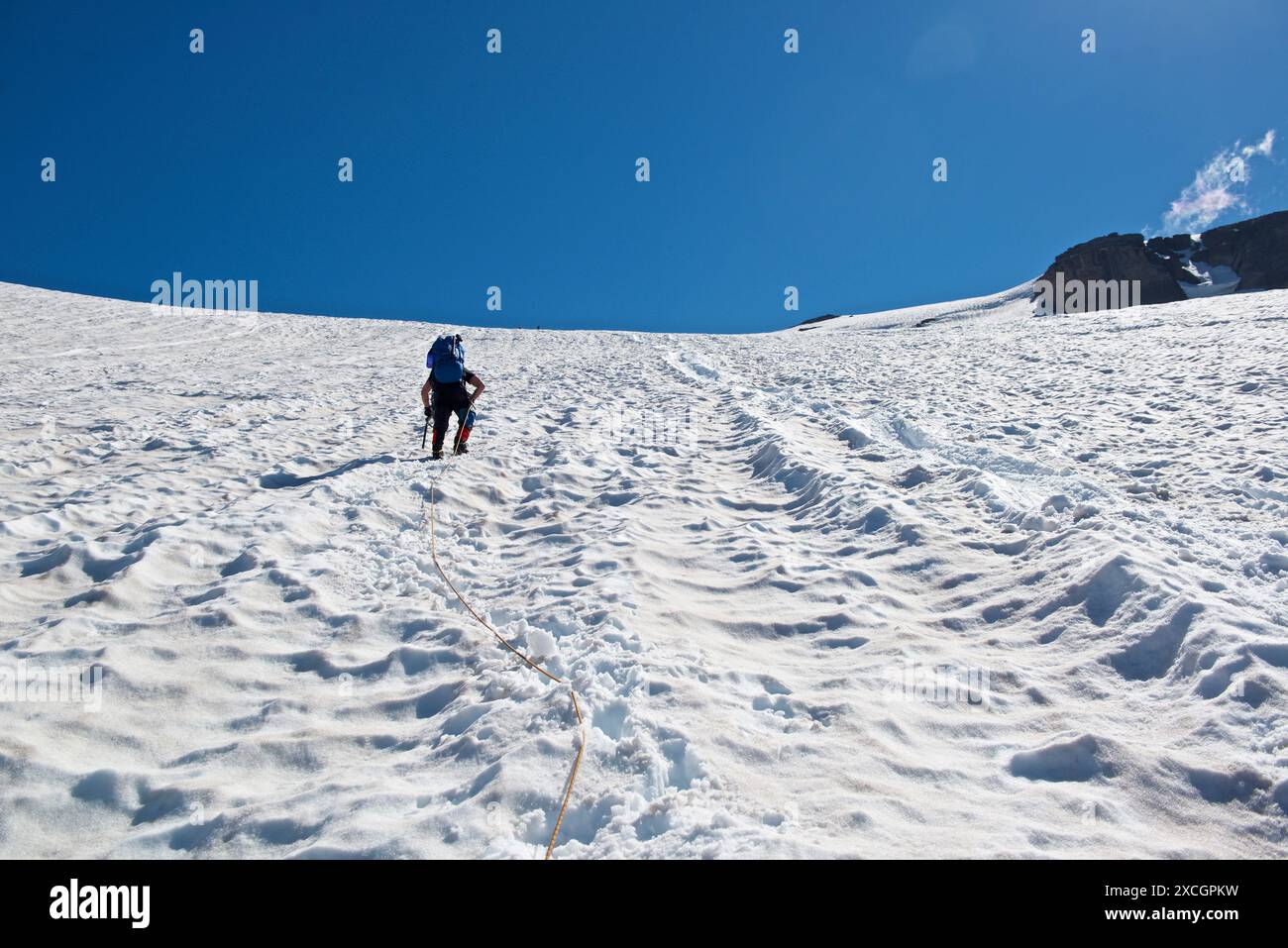 Mountain climber making way up Inter Glacier of Mount Rainier towards ...